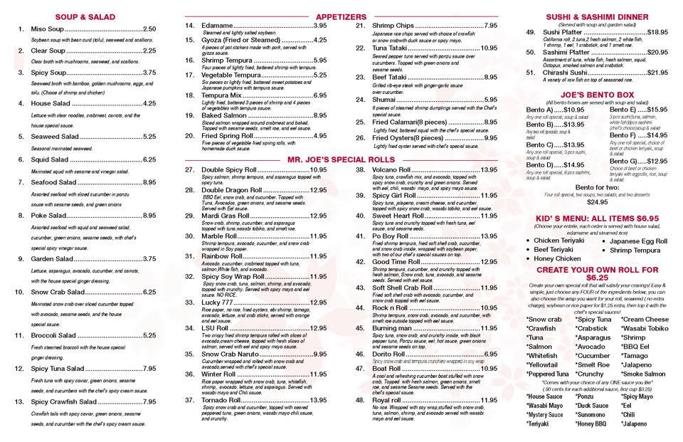 Menu at Mr. Joe's Sushi Restaurant, Ponchatoula, LA-22