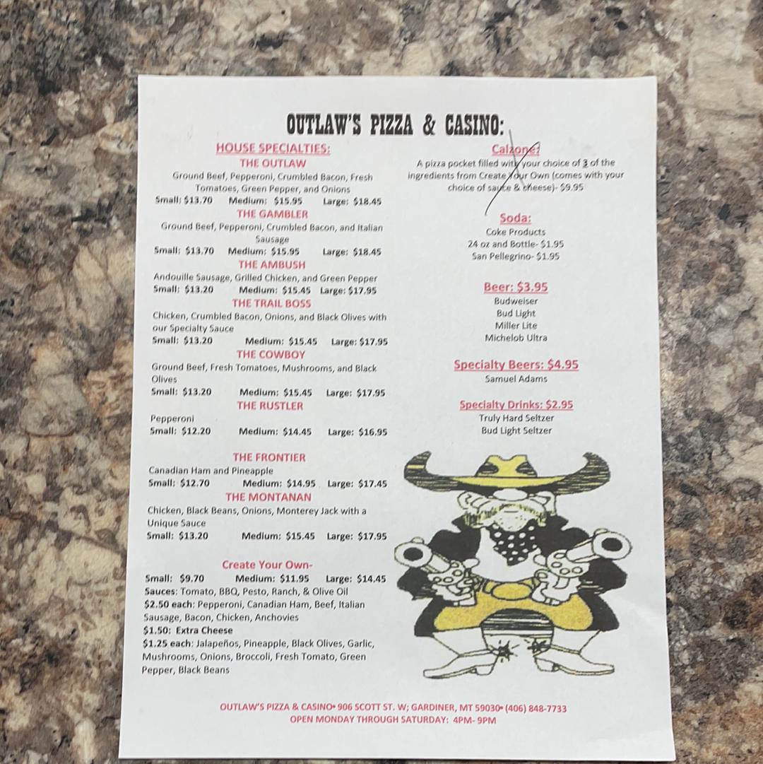 Menu at Outlaws Pizza pizzeria, Gardiner