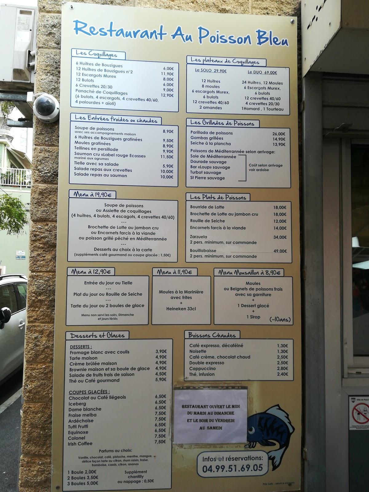 Menu au Restaurant Au Poisson Bleu, Palavas-les-Flots, 17 Rue Saint-Pierre