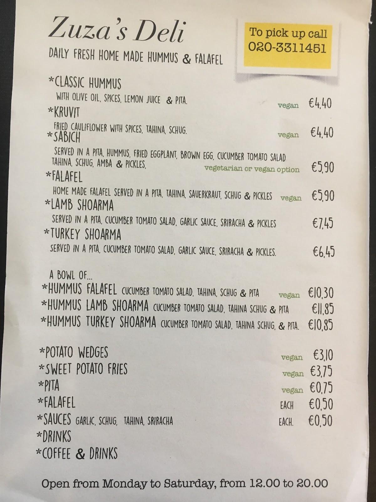 Menu at Zuza's Deli, Amsterdam