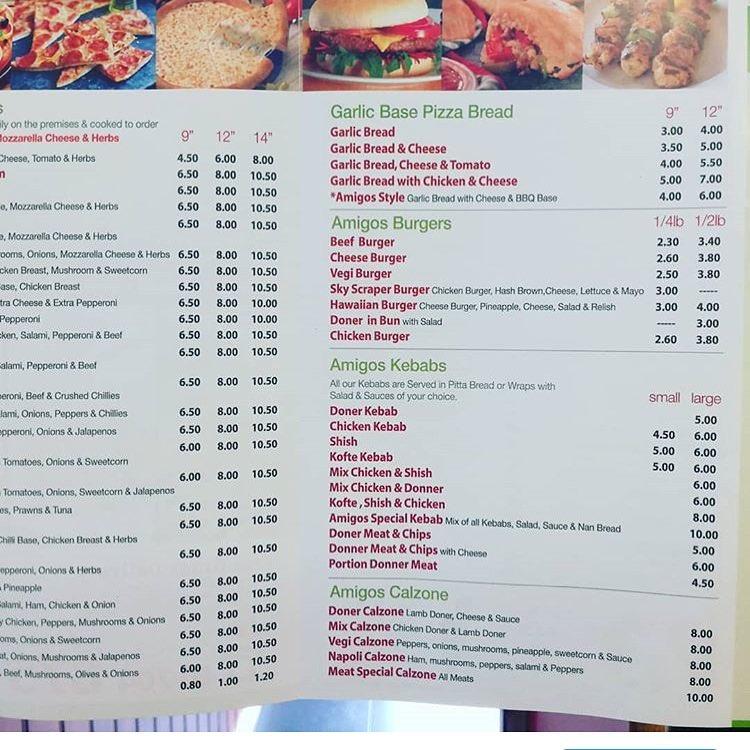 Menu at Amigos fast food, Liverpool, Above the Wedding Rooms