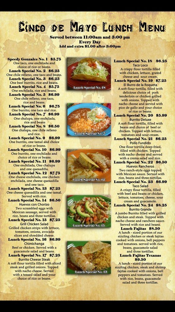 Menu at Cinco de Mayo Mexican Cuisine restaurant, Moncks Corner