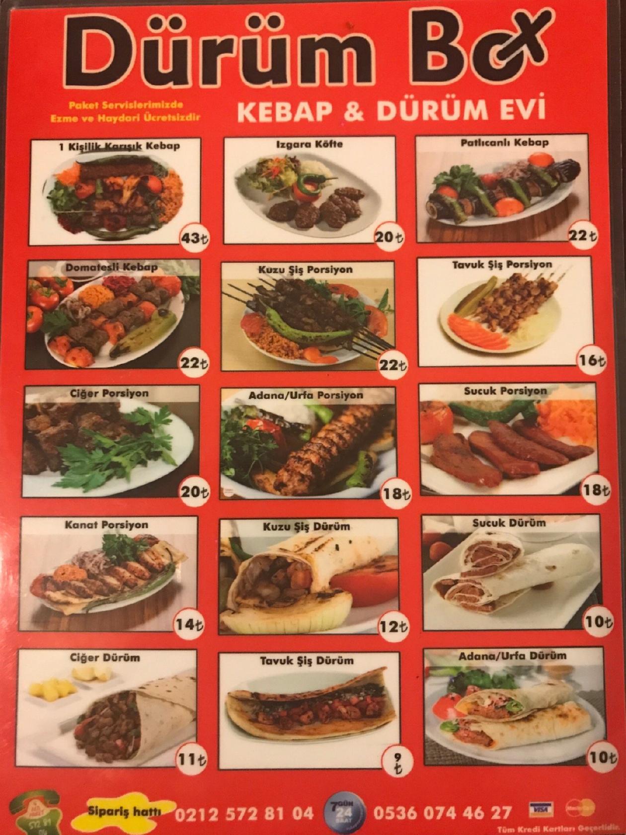 Menu at Dürümbox, Istanbul, İstanbul Cd. No:26