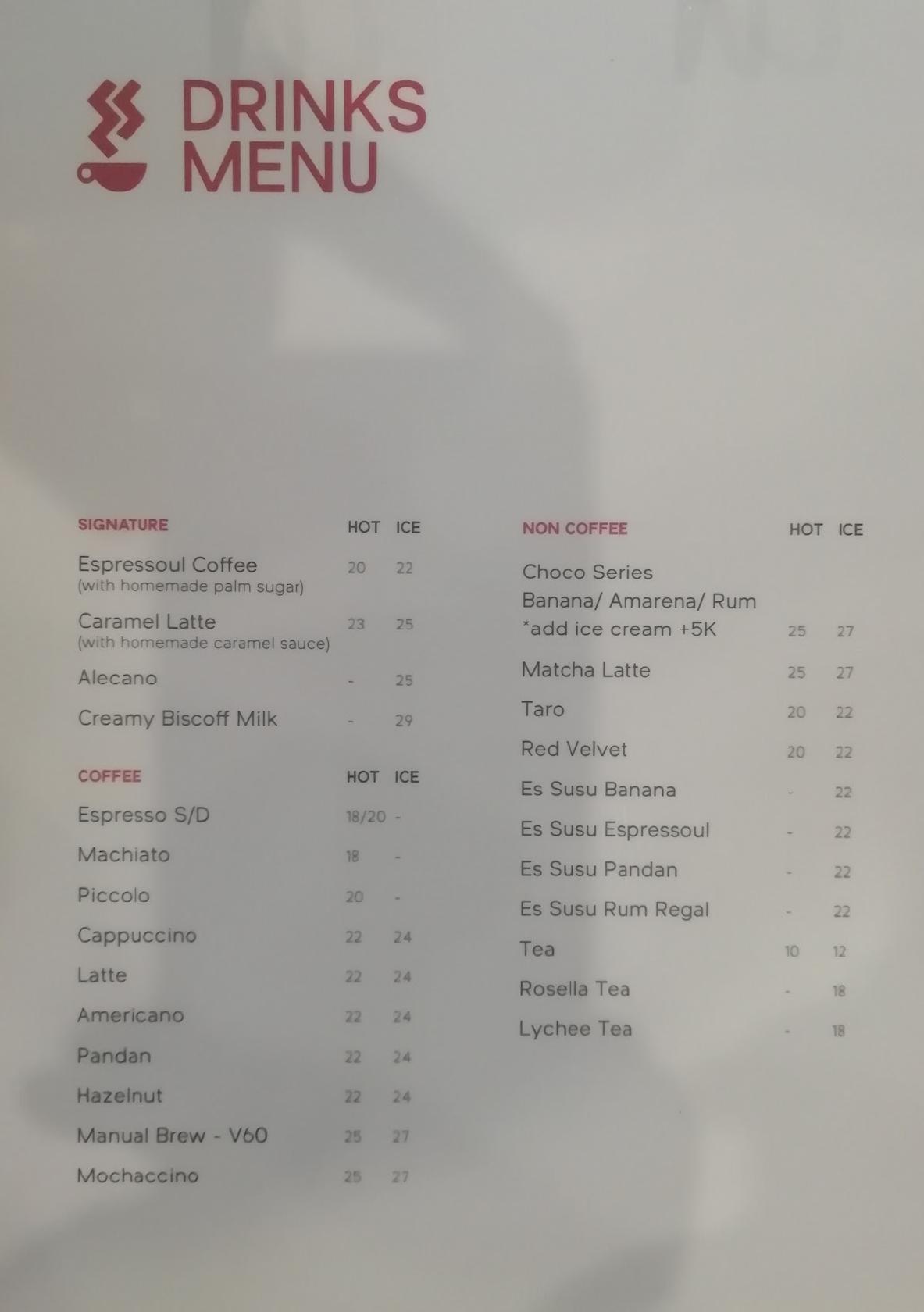 Carta del café Espressoul Coffee, Denpasar