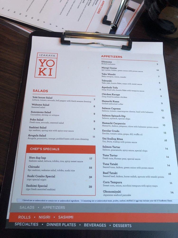 Menu at Izakaya Yoki restaurant, San Francisco