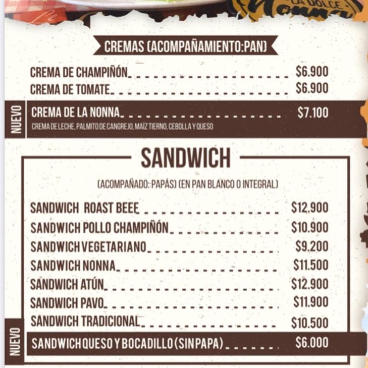 Carta del café La Dolce Nonna, Paipa