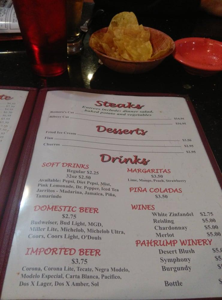 Menu at Romero's Mexican Restaurant, Pahrump