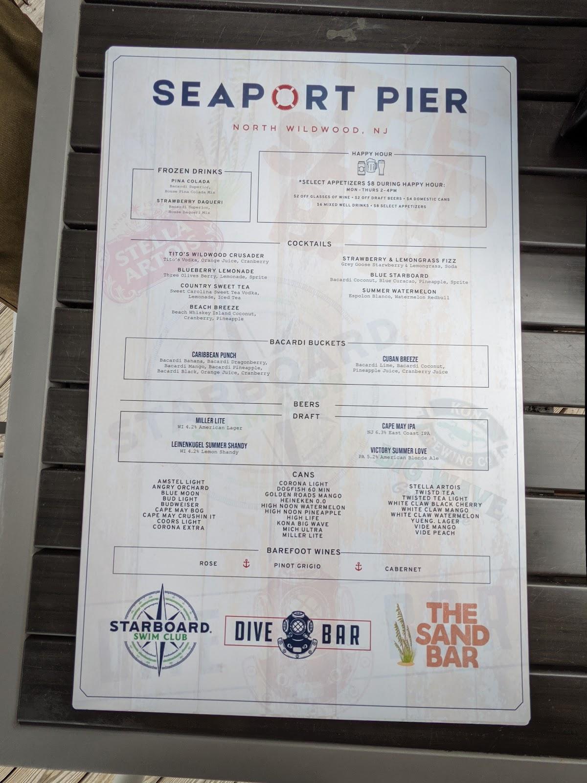 Menu at Seaport pier pub & bar, North Wildwood, Boardwalk