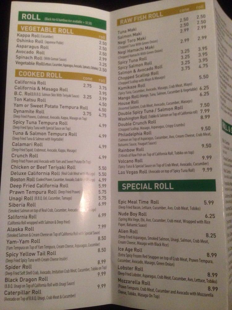 Menu at Sushi Tengoku restaurant, Surrey