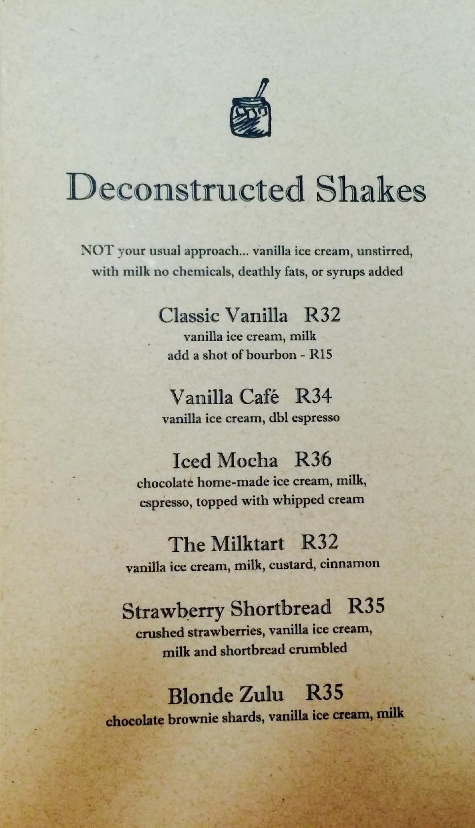 Menu at afro-boer restaurant, Pretoria
