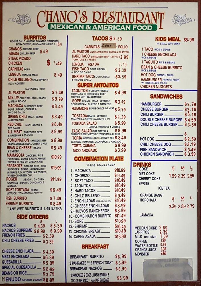 Menu at Chanos Drive-In restaurant, San Gabriel