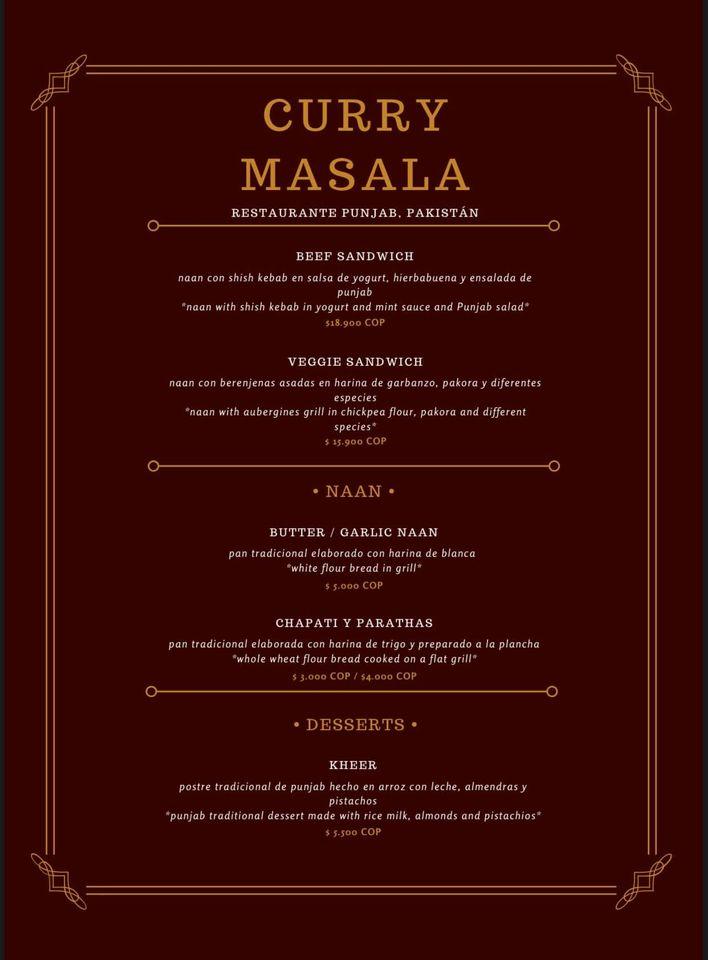 Menu at Curry Masala restaurant, Bogotá