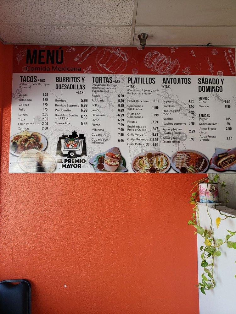 Menu at Taqueria El Premio Mayor restaurant, Fresno, N Maroa Ave