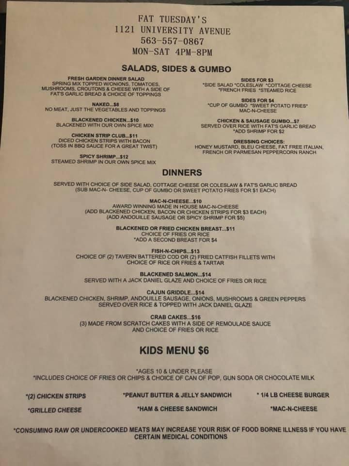 Menu at Fat Tuesday's pub & bar, Dubuque