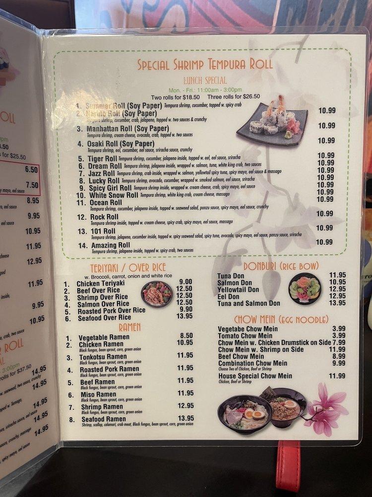 Menu at Momoya Ramen and Sushi restaurant, Salina