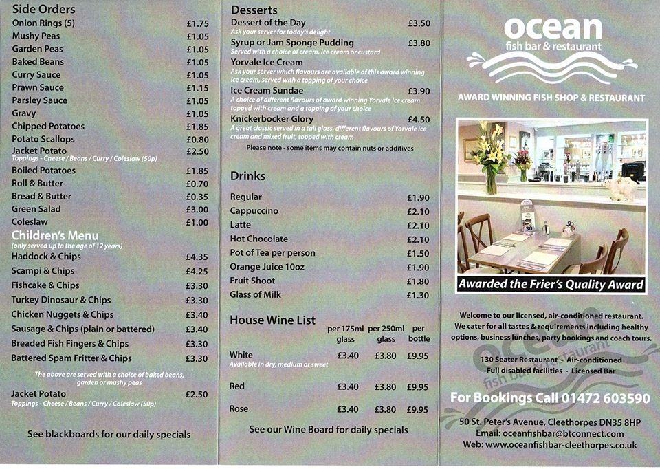 Menu at Ocean Fish Bar, Cleethorpes