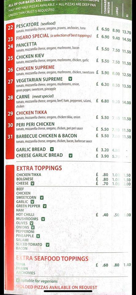 Menu at Pizza Figaro pizzeria, Richmond