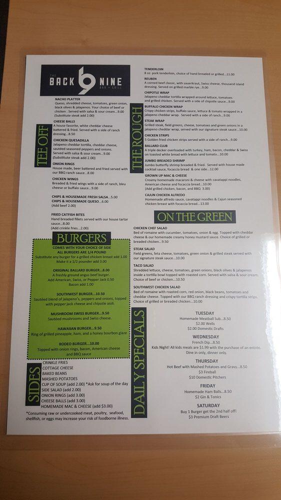Menu at Back Nine Bar + Grill, Huxley