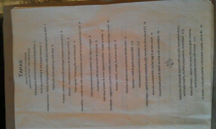 Menu at Avida Bar, Wellington