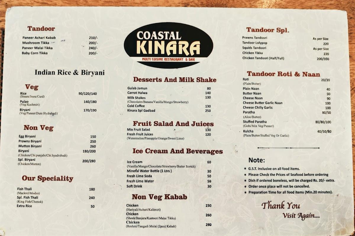 Menu at Coastal kinara colva, Margao