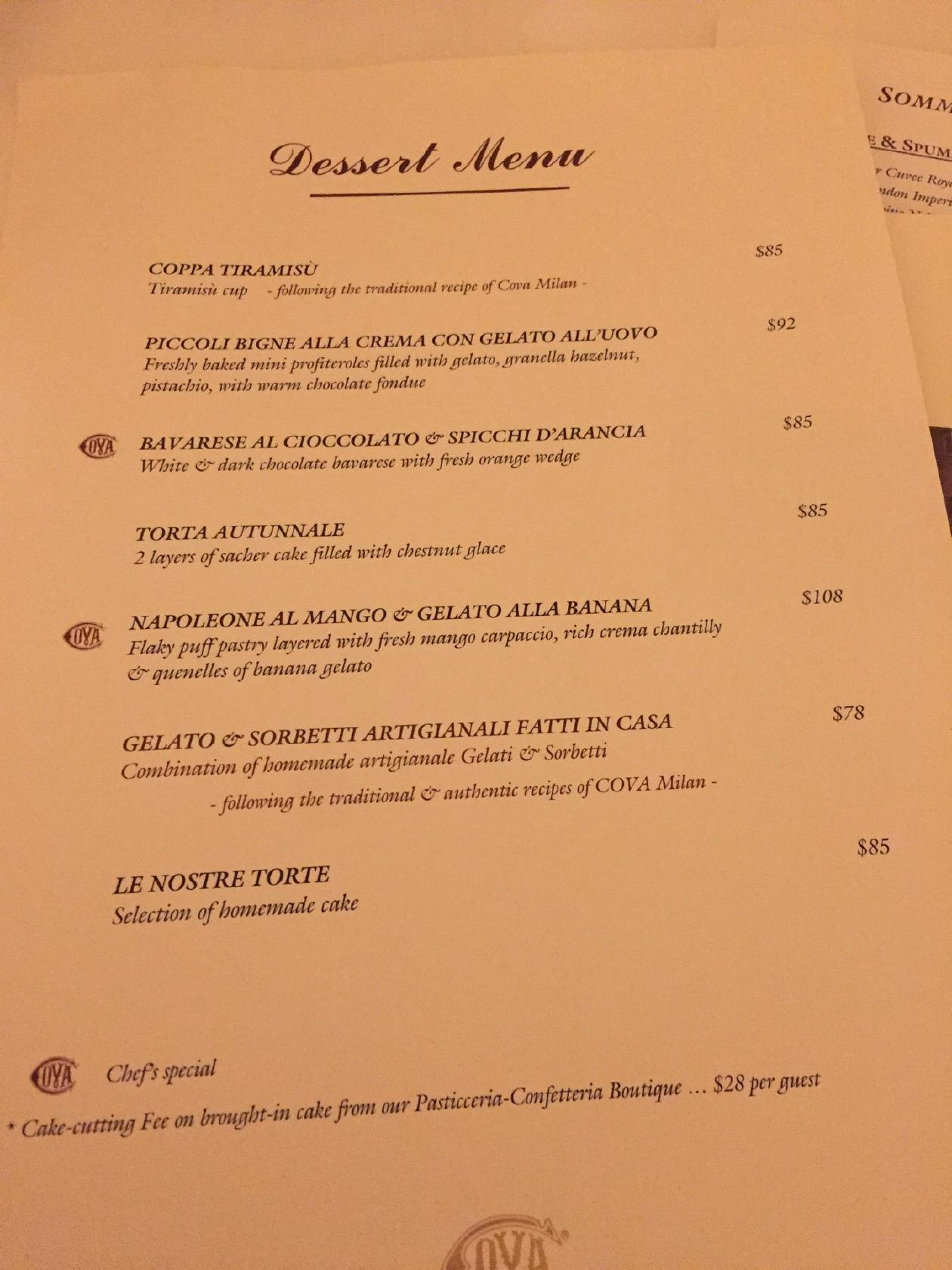 Menu at Cova Caffe (Pacific Place) cafe, Hong Kong, 88 Queensway