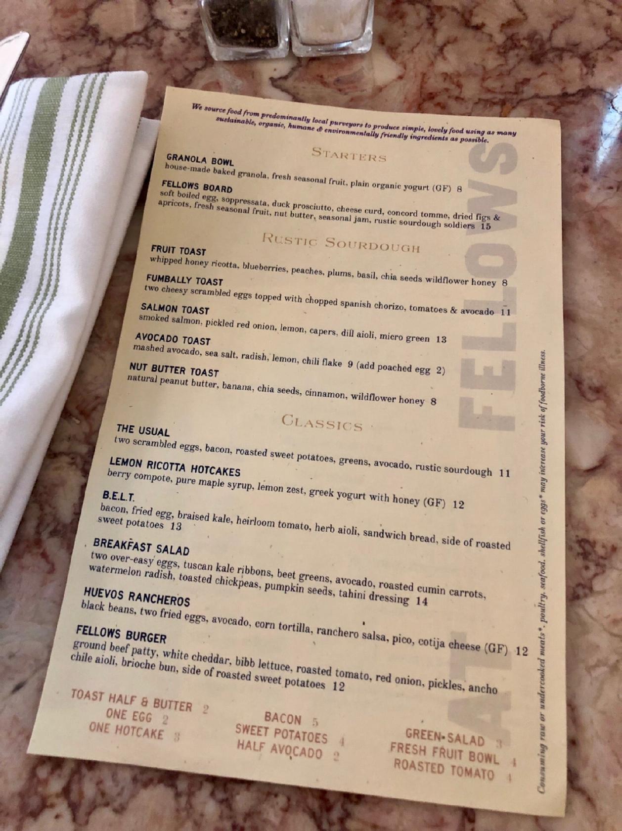 Carta de Fellows Cafe, Roswell