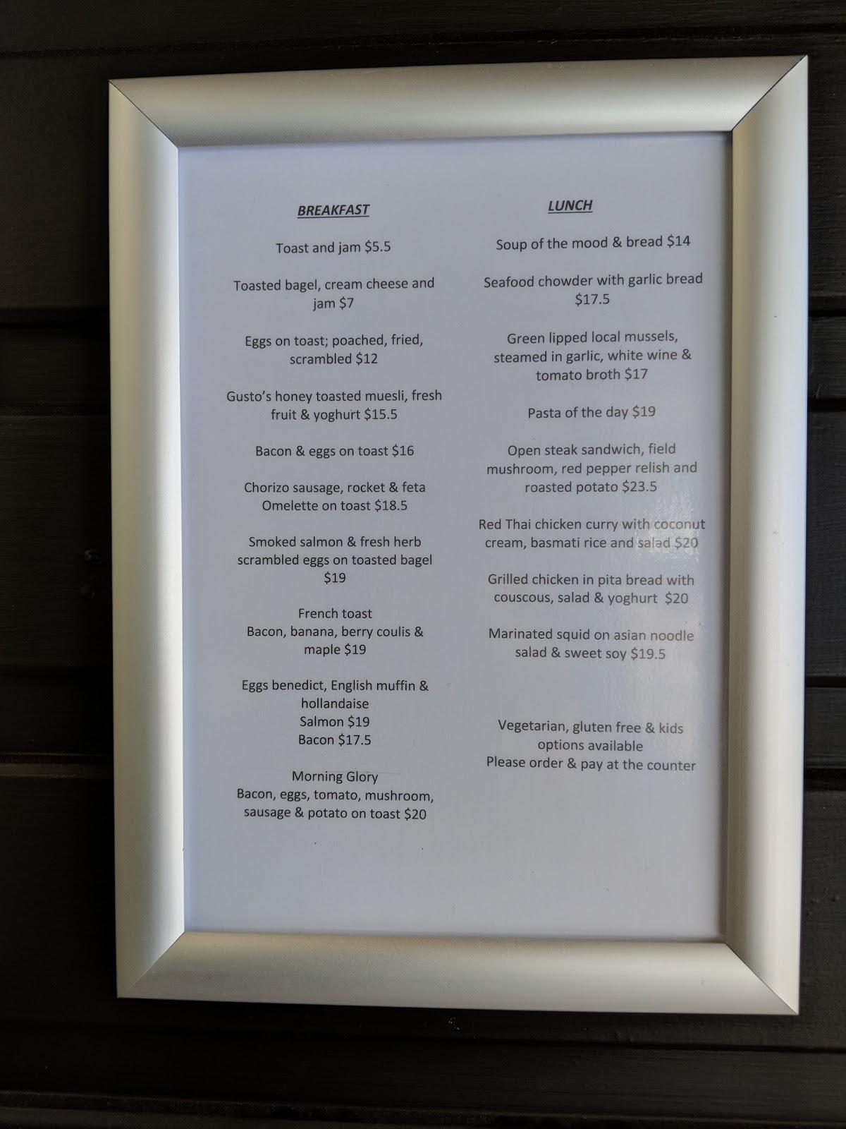 Menu at Gusto cafe, Picton