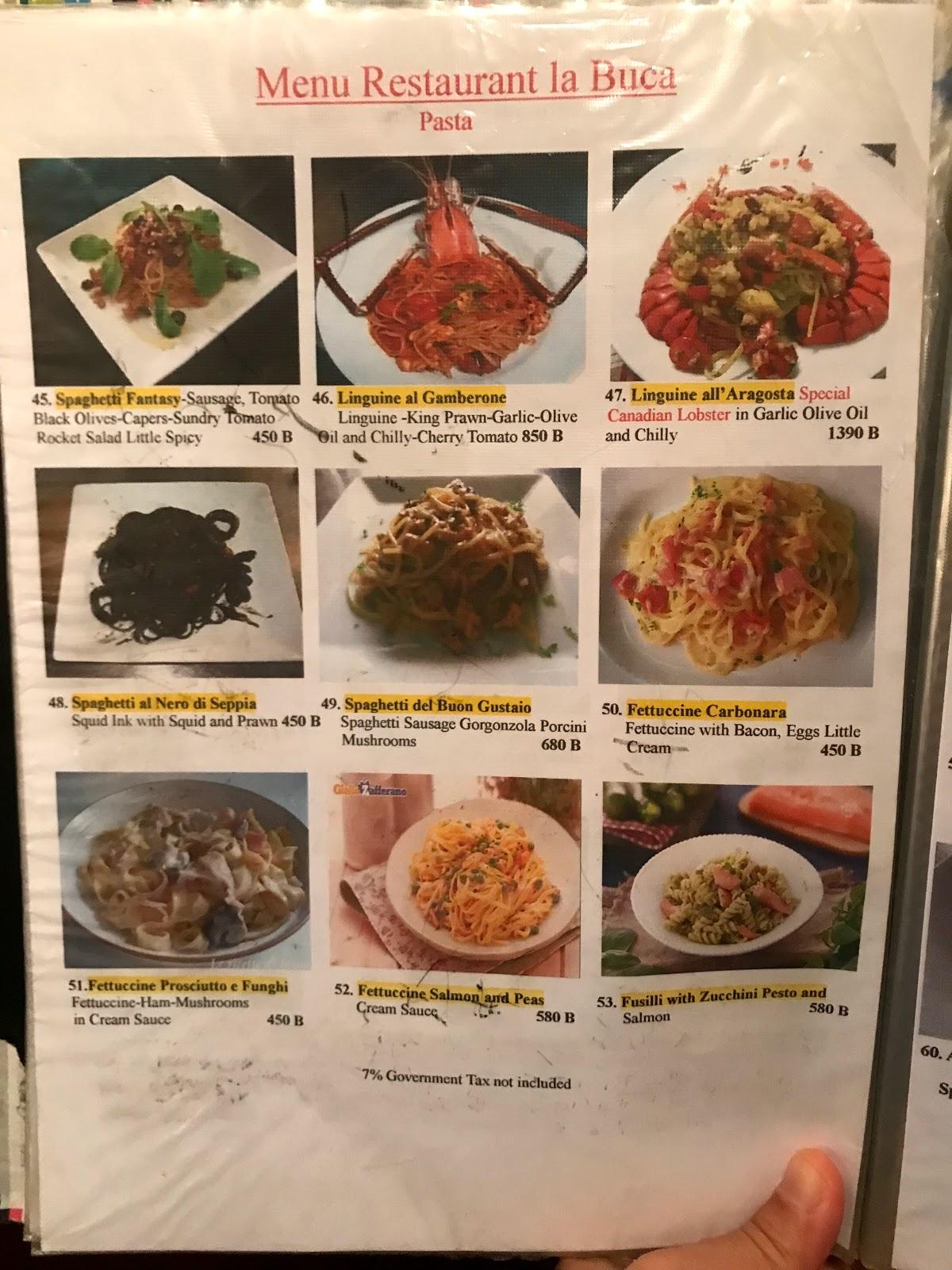 Carta del restaurante La Buca, Bangkok, 220 4 สุขุมวิท ซ. 1