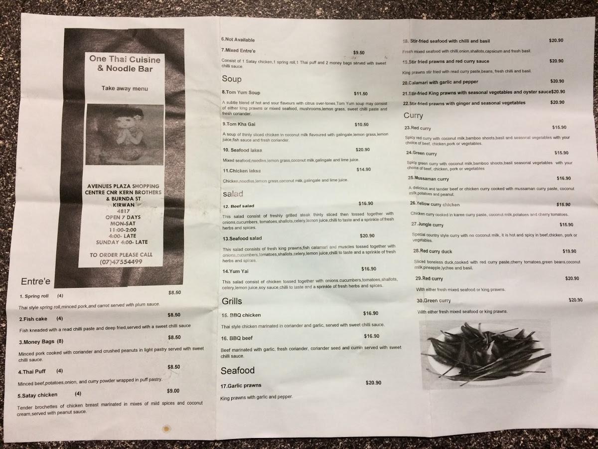 Menu at One Thai Cuisine & Noodle Bar, Kirwan, 85 Burnda St