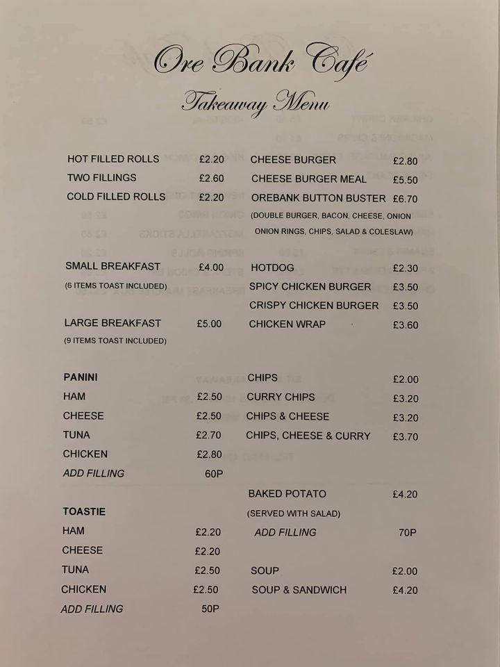 Menu at Ore-Bank Cafe, Lochgelly