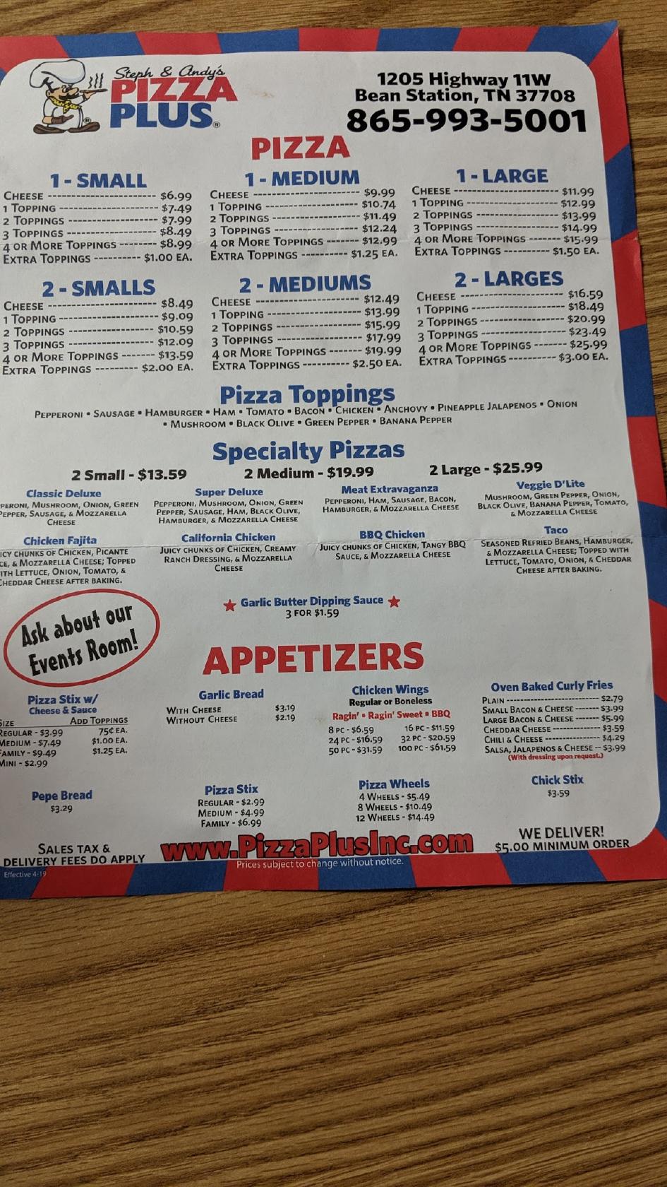 Menu at Pizza Plus pizzeria, Bean Station, US-11W
