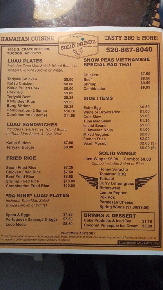 Menu at Solid Grindz Hawaiian BBQ, Tucson