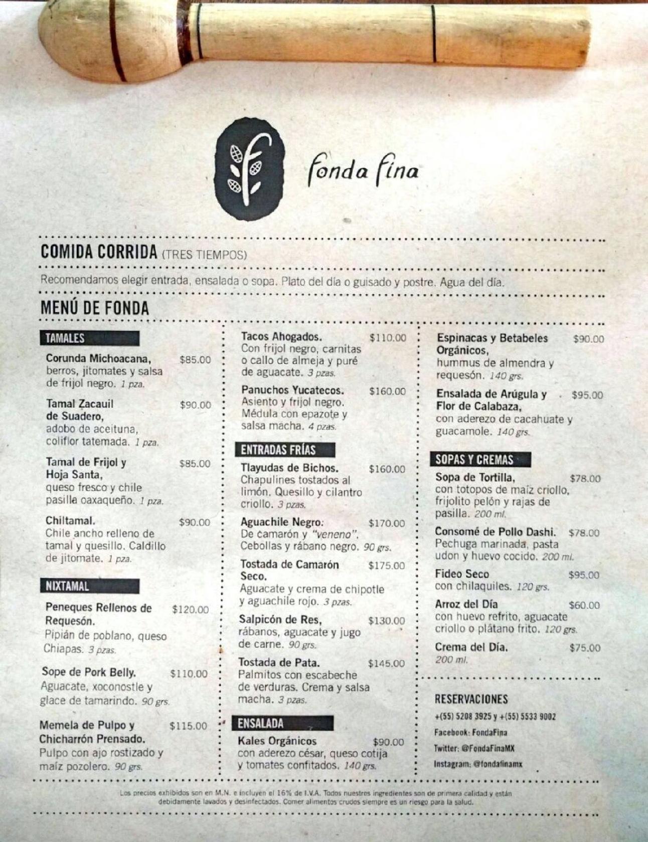 Menu at Fonda Fina restaurant, Ciudad López Mateos