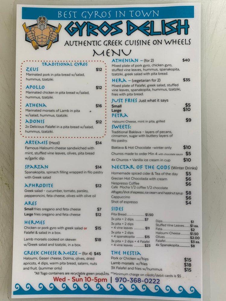 Menu at Gyros Delish restaurant, Breckenridge