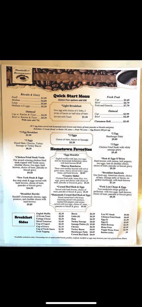 Menu at Randall's Restaurant, Cottonwood