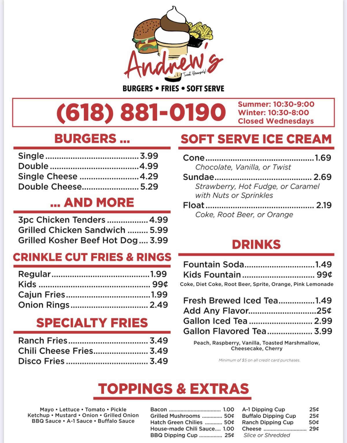 Menu at Andrew's Eats restaurant, Altamont