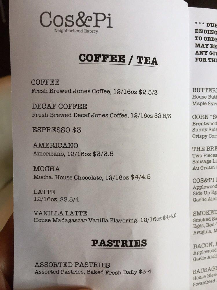 Menu at Cos & Pi restaurant, South Pasadena, 303 Pasadena Ave