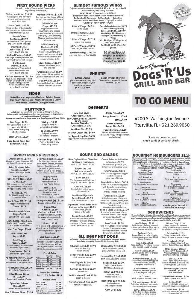 Menu at Dogs R Us restaurant, Titusville