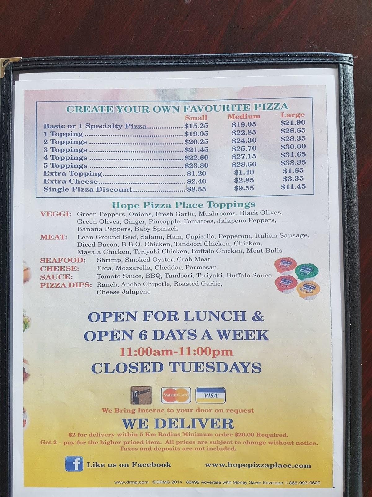 Menu at Hope Pizza Place Ltd. restaurant, Hope, 875 Water Ave