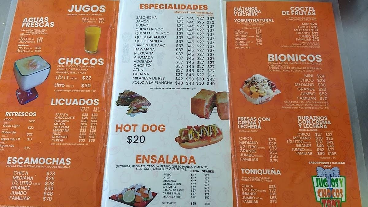 Carta del pub y bar Jugos y Chocos Tony, Aguascalientes, Profesor ...