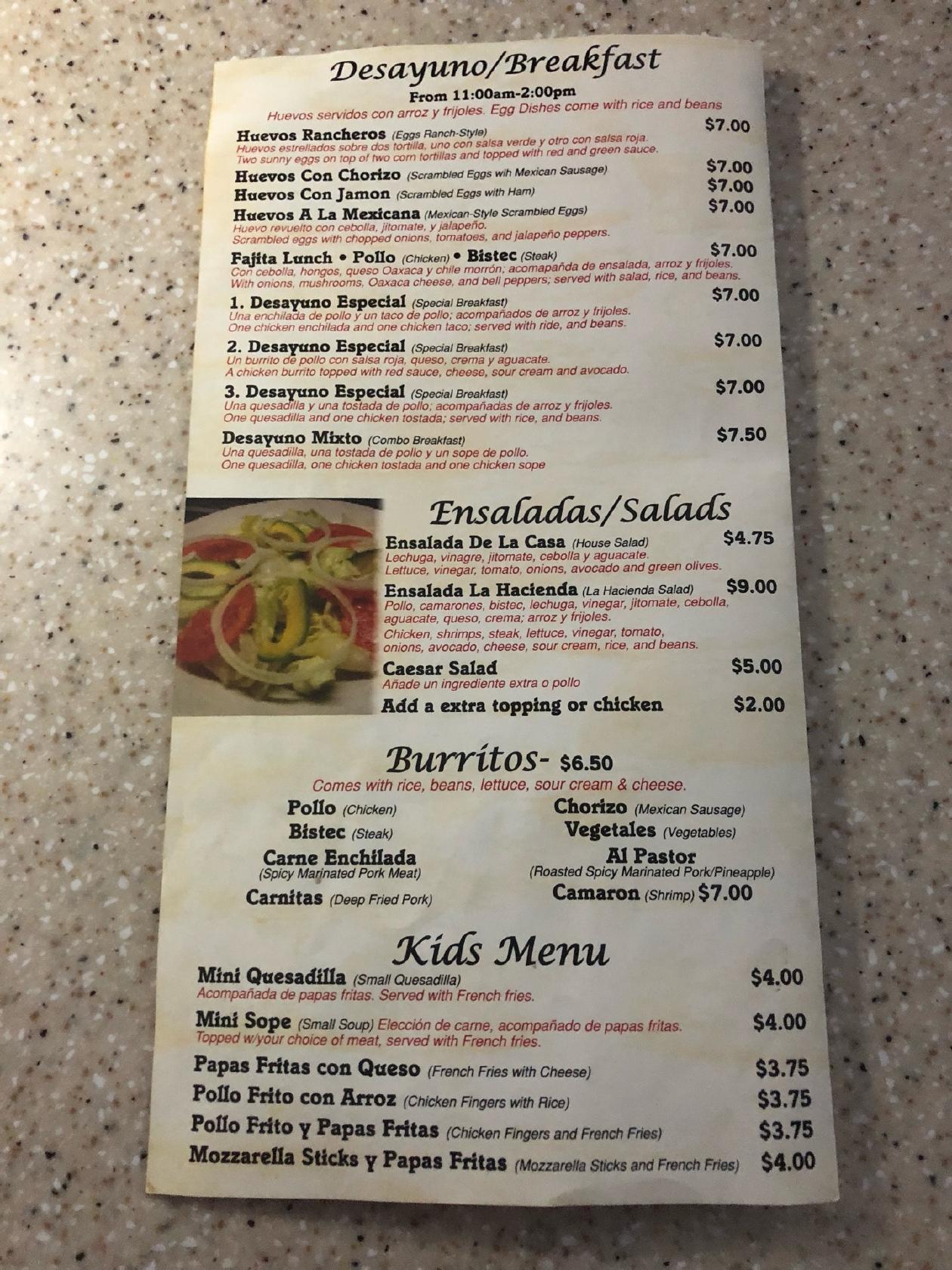 Menu at La Hacienda Restaurant, Pennsauken Township