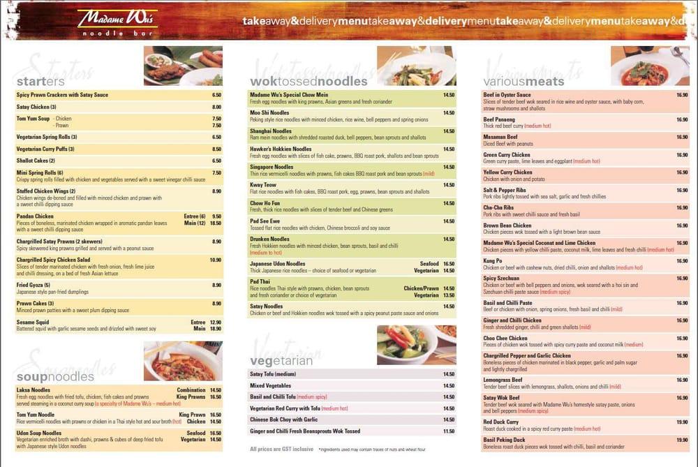 Menu at Madame Wu's Noodle Bar, Norwood