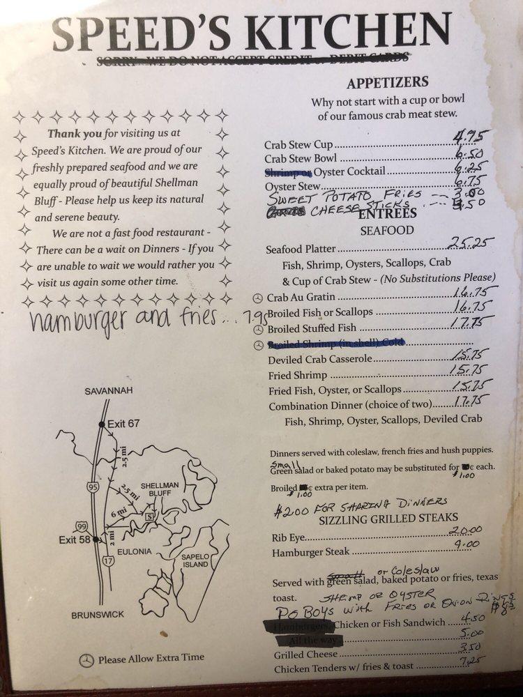 Menu at Speed's Kitchen restaurant, Shellman Bluff