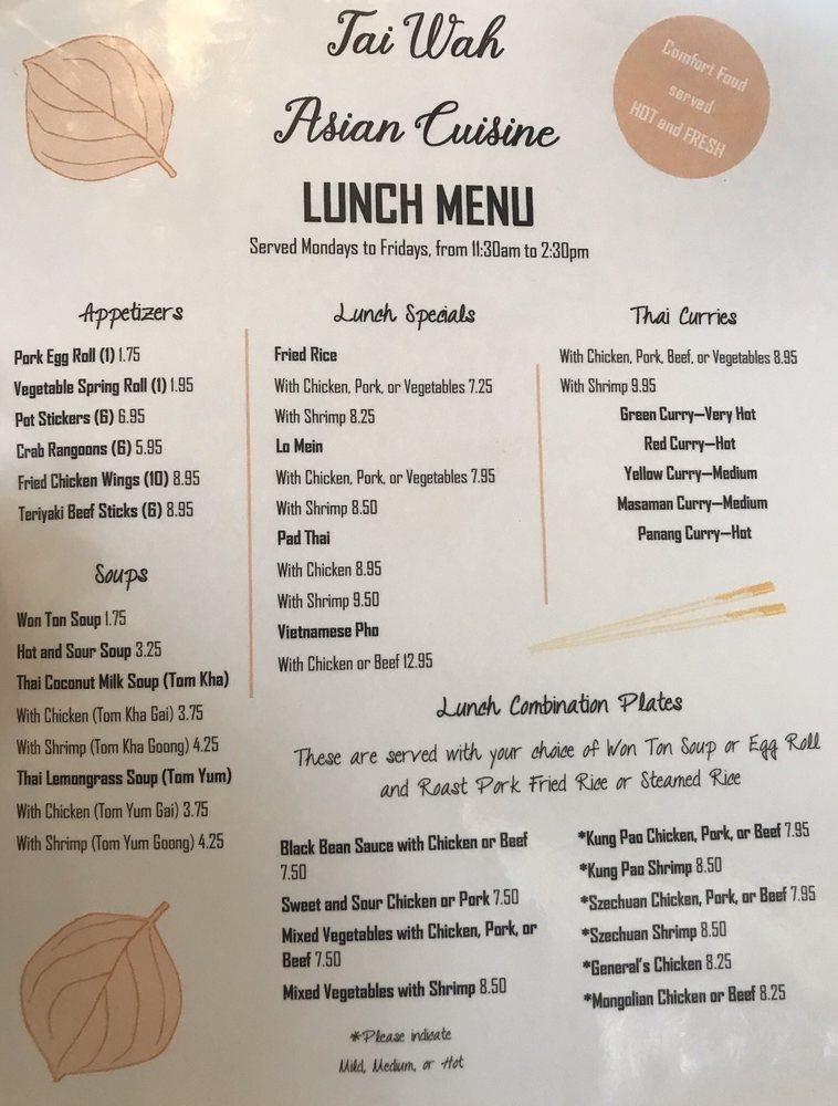Menu at Tai Wah Asian Cuisine restaurant, Streetsboro