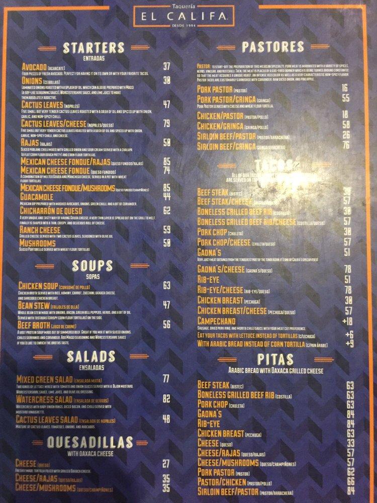 Menu at Taquería El Califa restaurant, Mexico City, Av. P.º de la ...