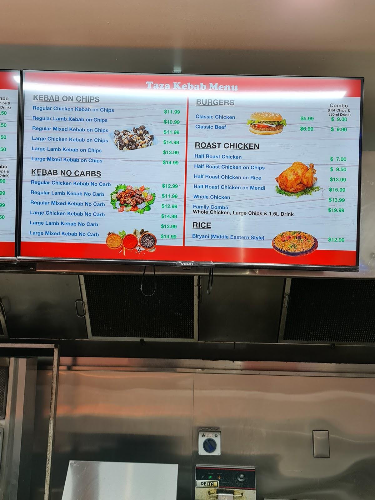 Menu at Taza Takeaway fast food, Auckland