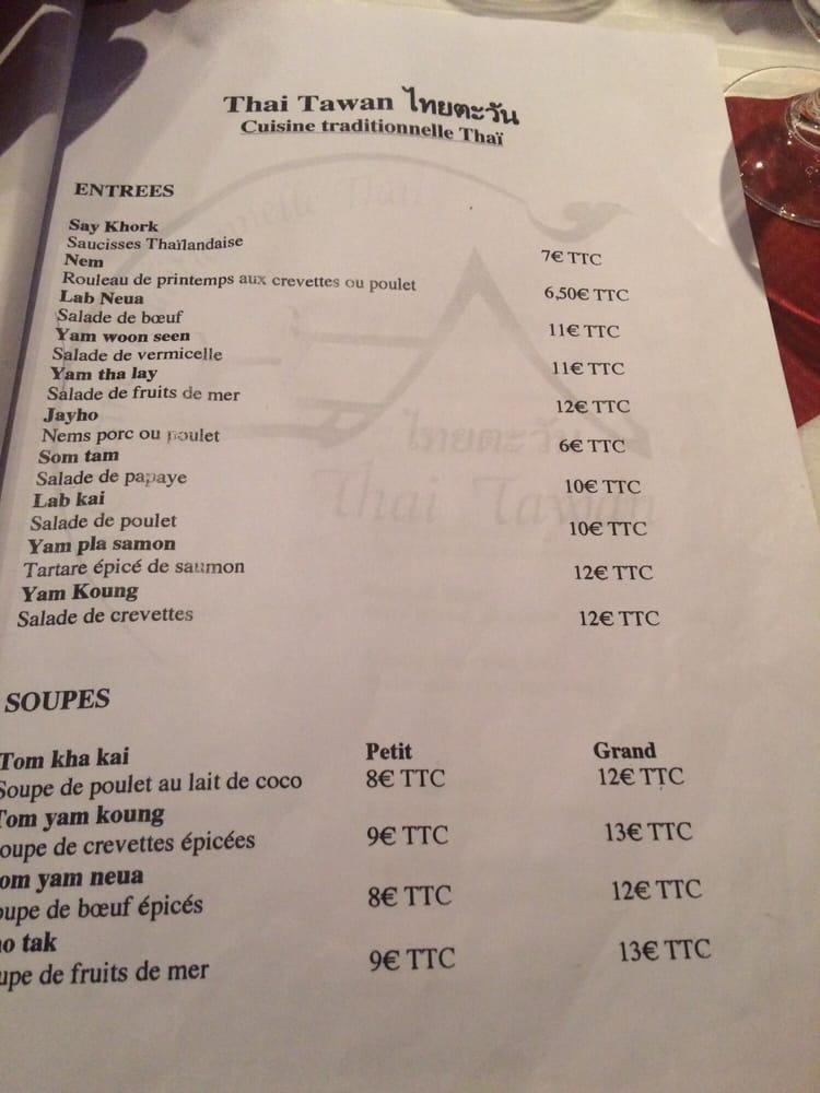 Carta del restaurante Thaï Tawan, Paris