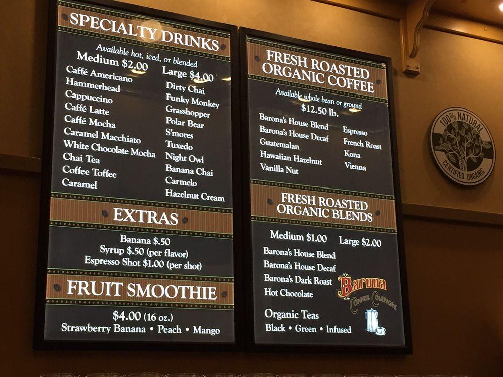 Menu at Barona Coffee Company, USA