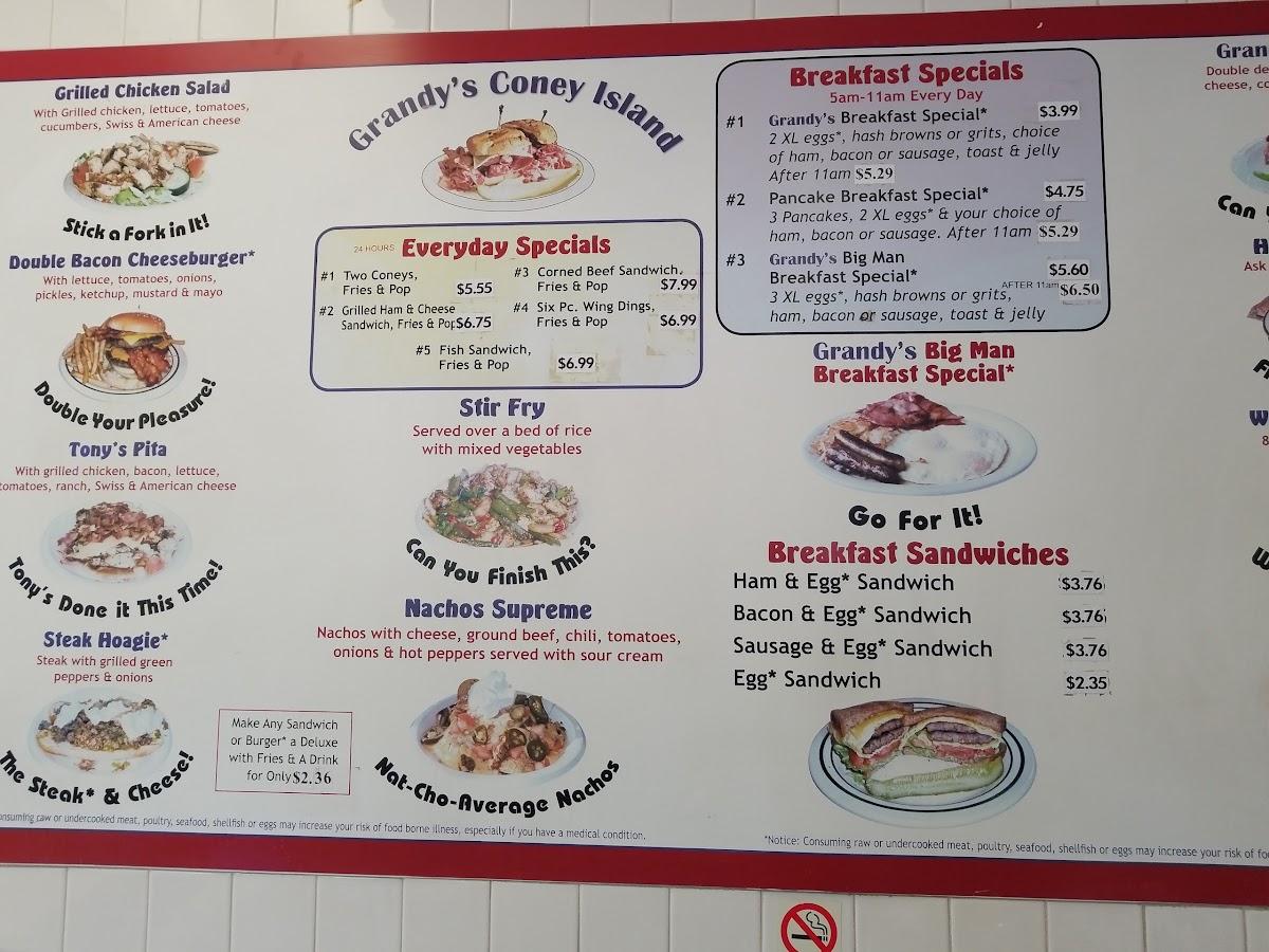 Menu at Grandy's Coney Island fast food, Detroit, Holbrook Ave