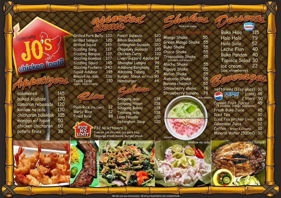 Menu at Jo's Chiken Inato BBQ, Cebu City
